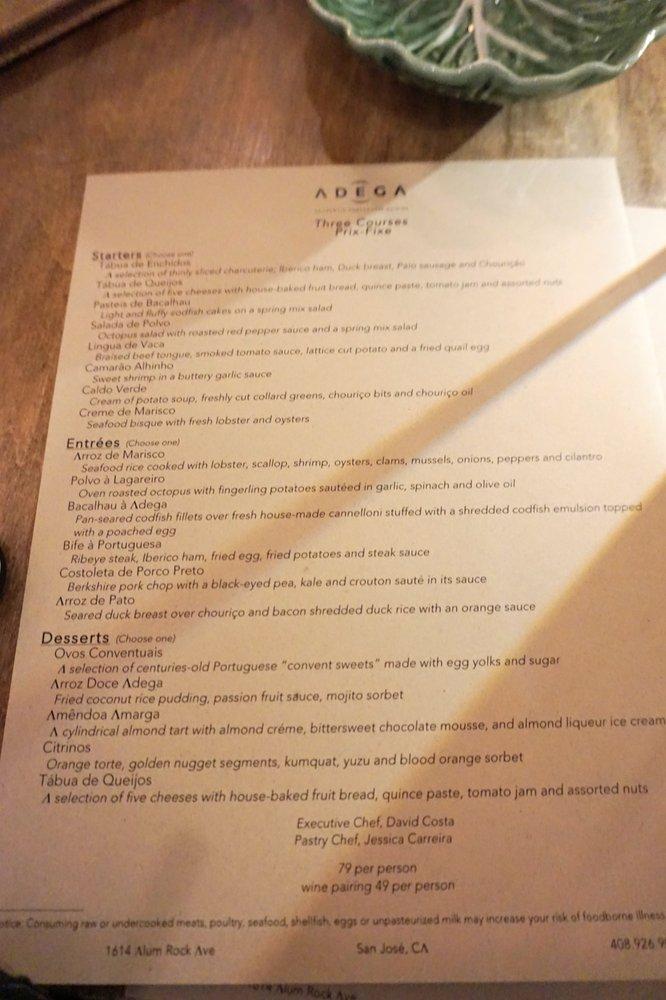 Menu at ADEGA restaurant, San Jose, 1614 Alum Rock Ave