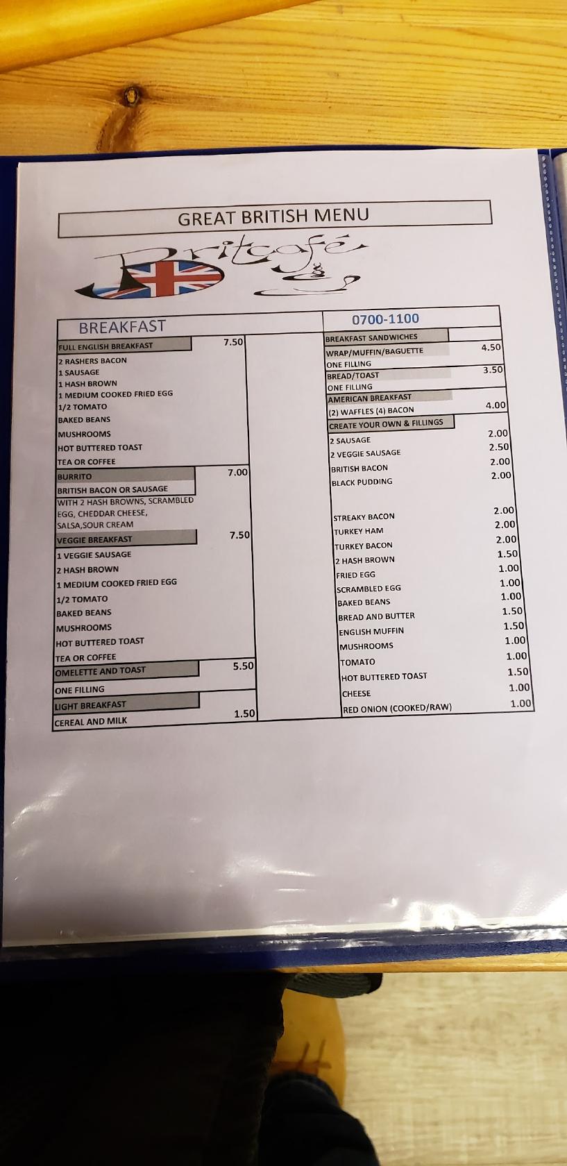 Menu at Brit Cafe, Ramstein-Miesenbach