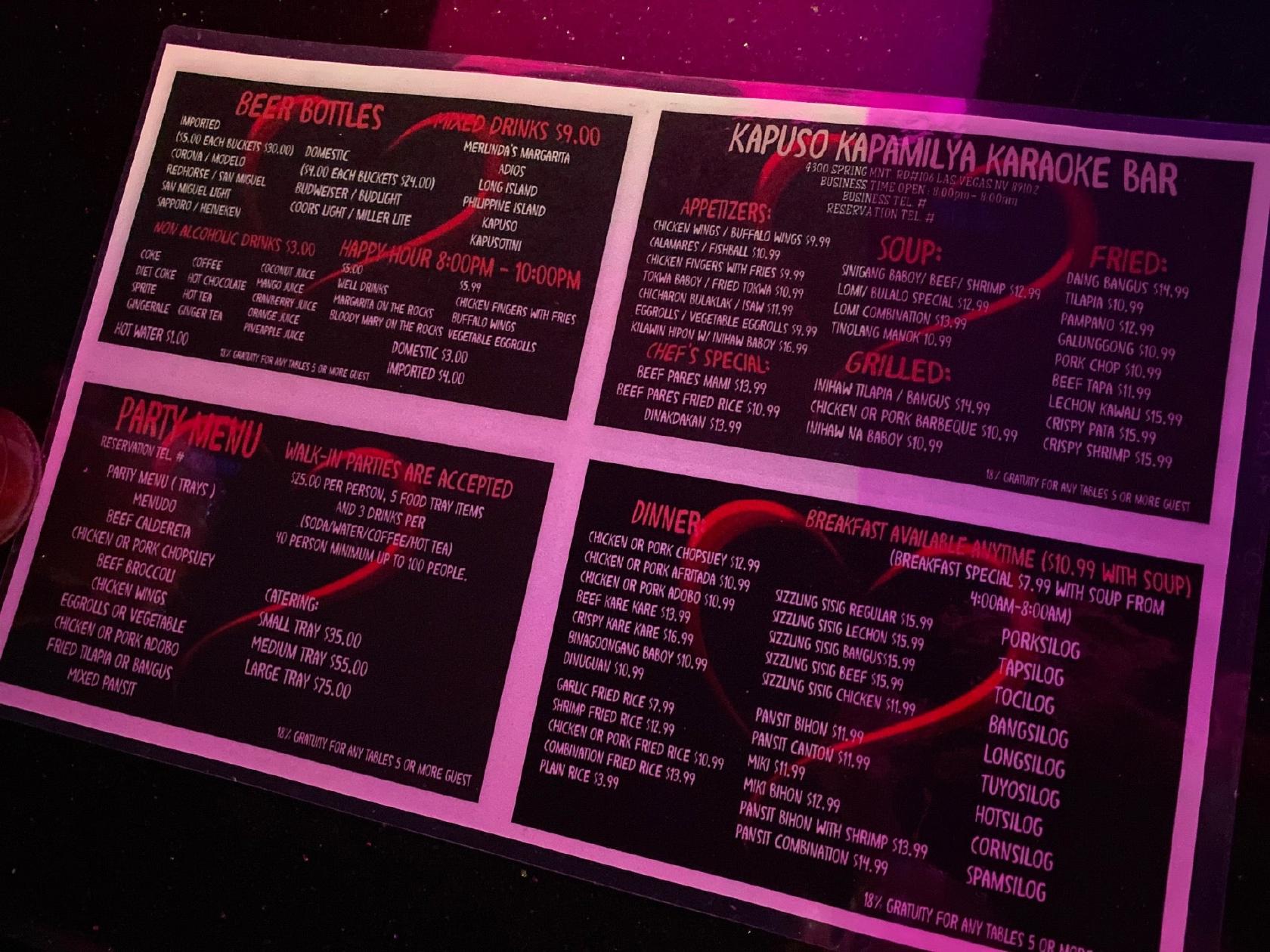 Menu at Kapuso Kapamilya pub & bar, Las Vegas, W Spring Mountain Rd #106