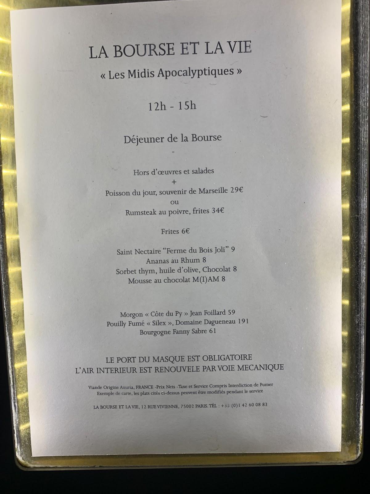 Menu at La Bourse et La Vie restaurant, Paris
