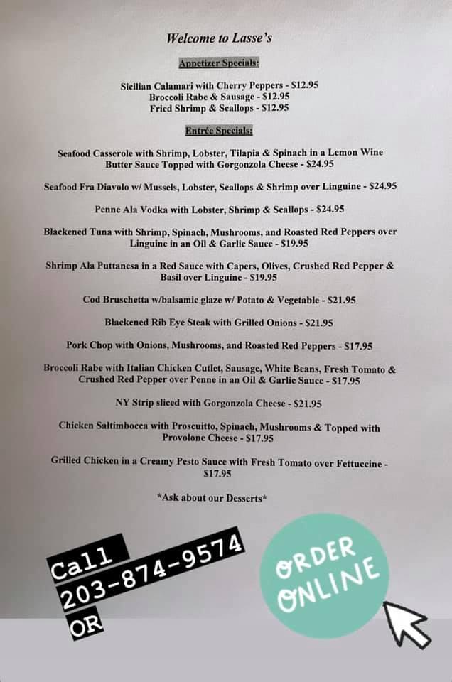 Menu at Lasse's Restaurant, Milford