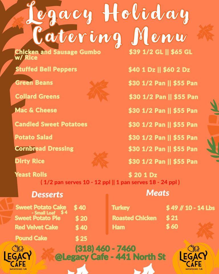 Menu at Legacy Cafe, Natchitoches