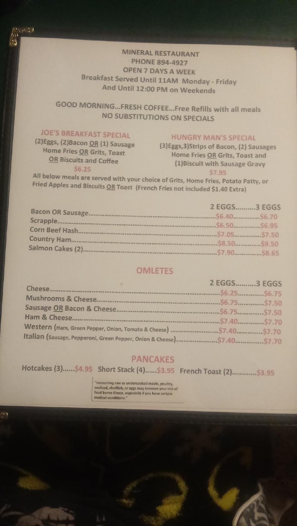 Menu at Mineral Restaurant, Mineral