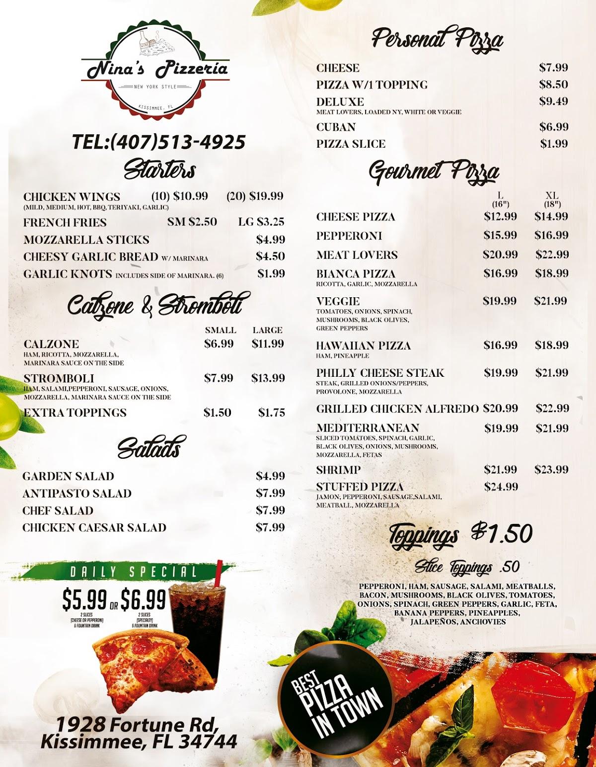 Menu at Nina's Pizzeria, Kissimmee, Fortune Rd