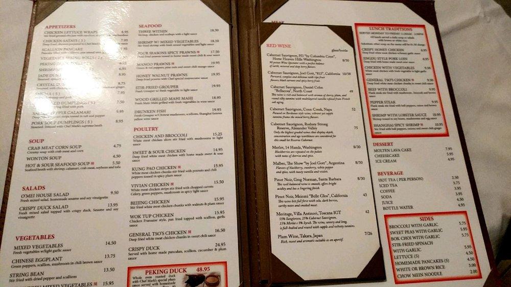 Menu at O'mei Chinese Cuisine restaurant, North Naples, Tamiami Trail N