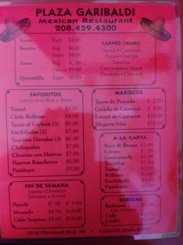 Menu at Plaza Garibaldi Mexican Restaurant, Caldwell