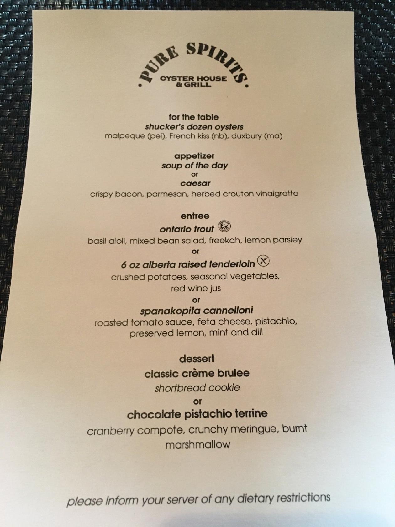 Menu at Pure Spirits pub & bar, Toronto
