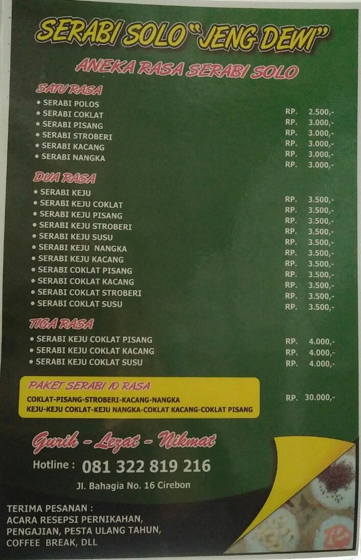 Menu at Serabi Solo "Jeng Dewi" cafeteria, Cirebon