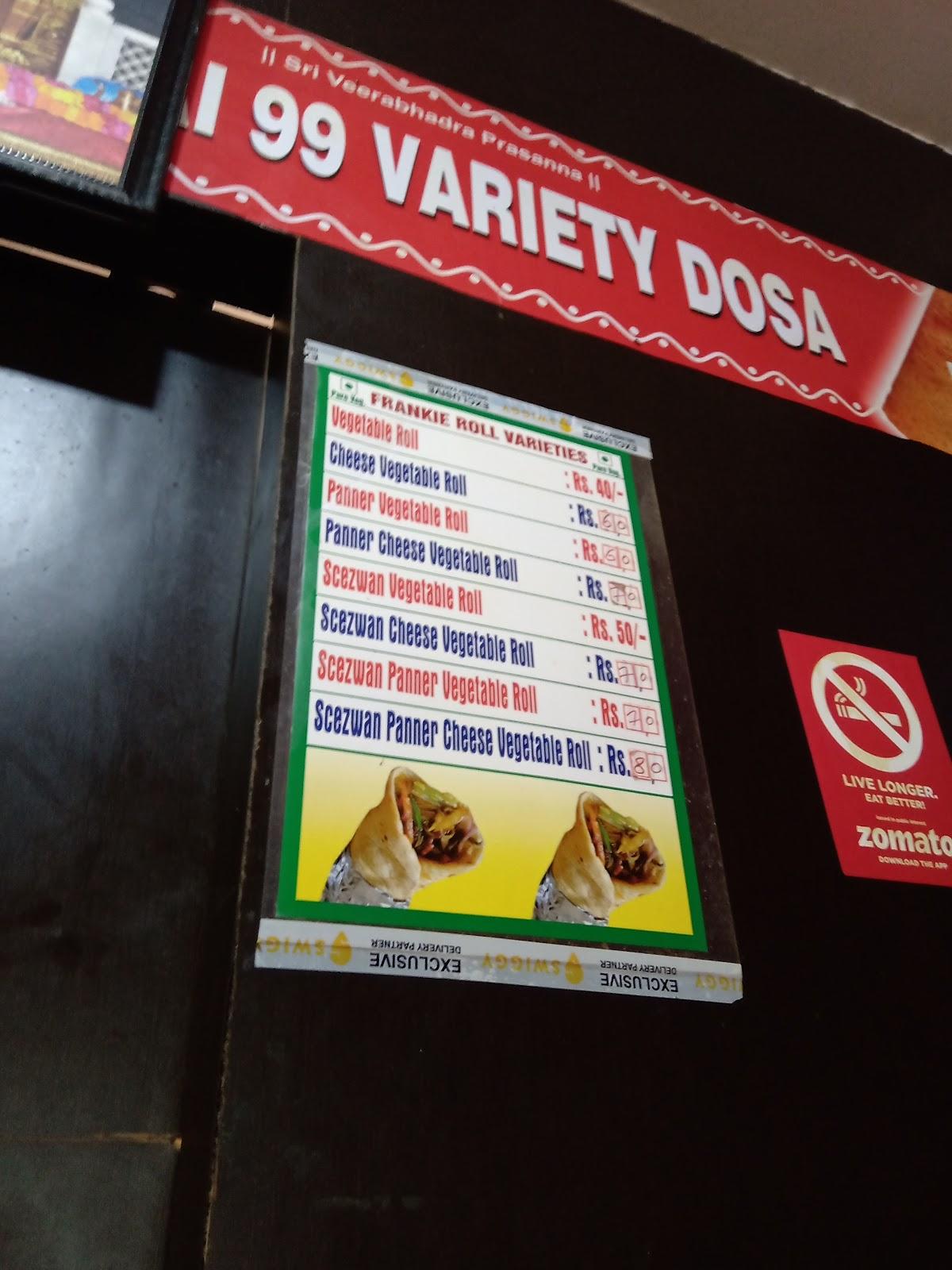 Menu at Sri Sai 99 Variety Dosa, Bengaluru, Hulimavu Road