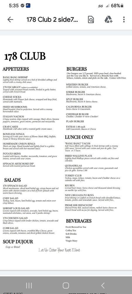 Menu at 178 Club Restaurant, Bull Shoals, Central Blvd