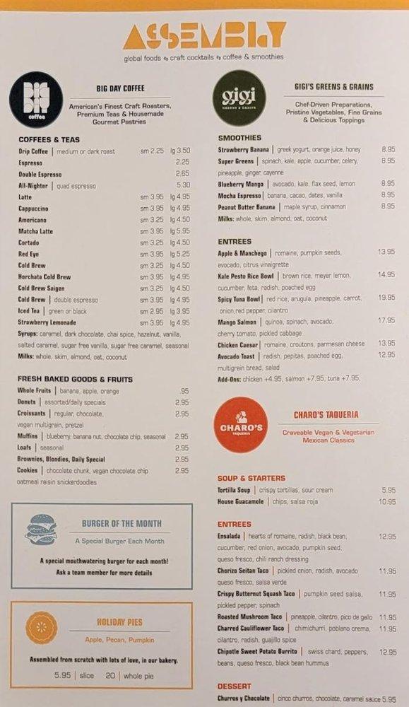 Menu at Assembly restaurant, Arlington