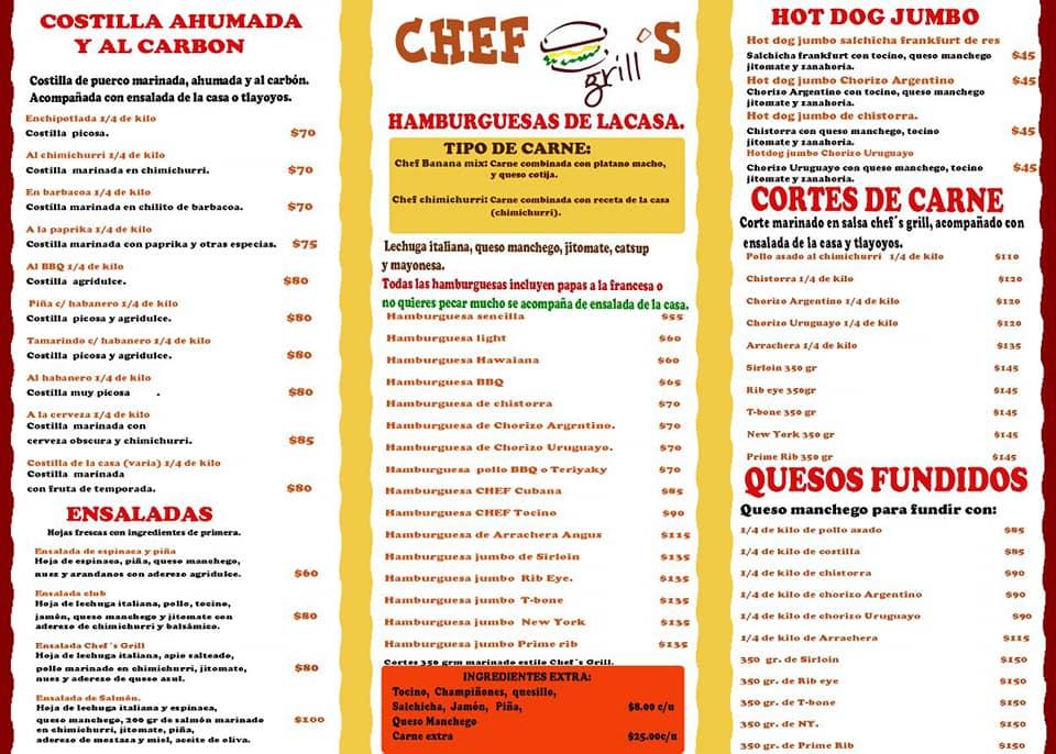 Menu at CHEF'S GRILL restaurant, Puebla City, Andador