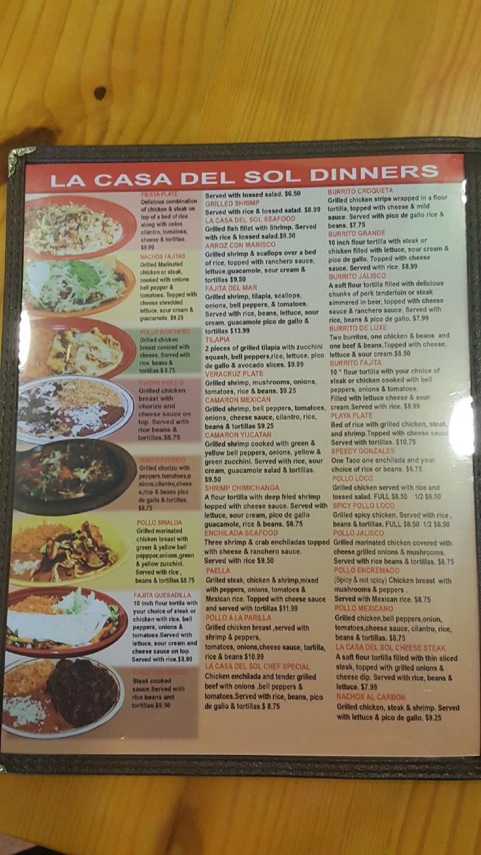 Menu at La Casa Del Sol restaurant, Hoopeston