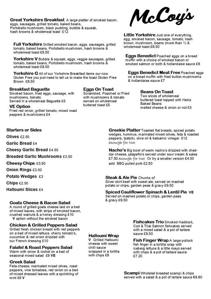 Menu at McCoy's cafe, Hull