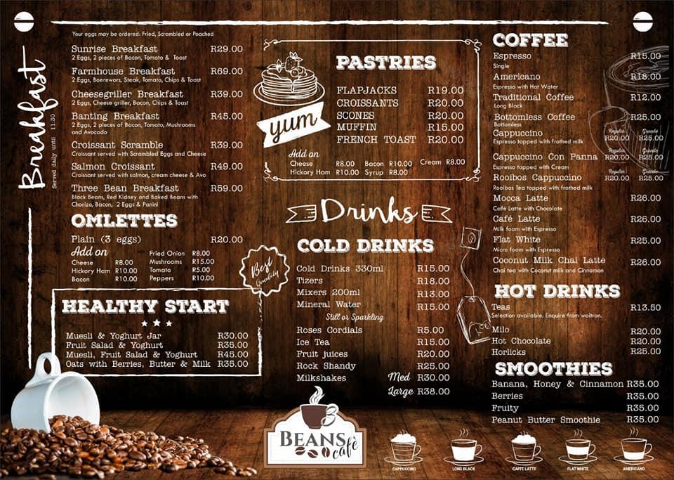 Speisekarte von Three Beans Cafe, Bela-Bela