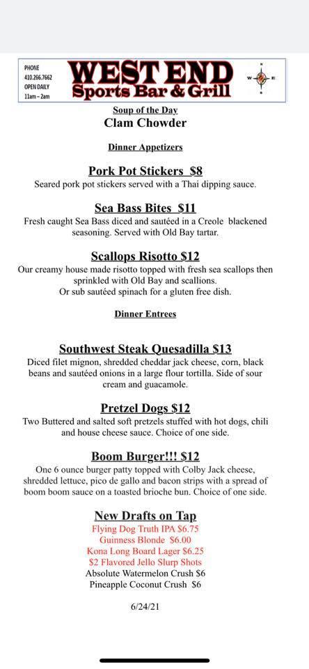 Menu at West End Grill pub & bar, Annapolis