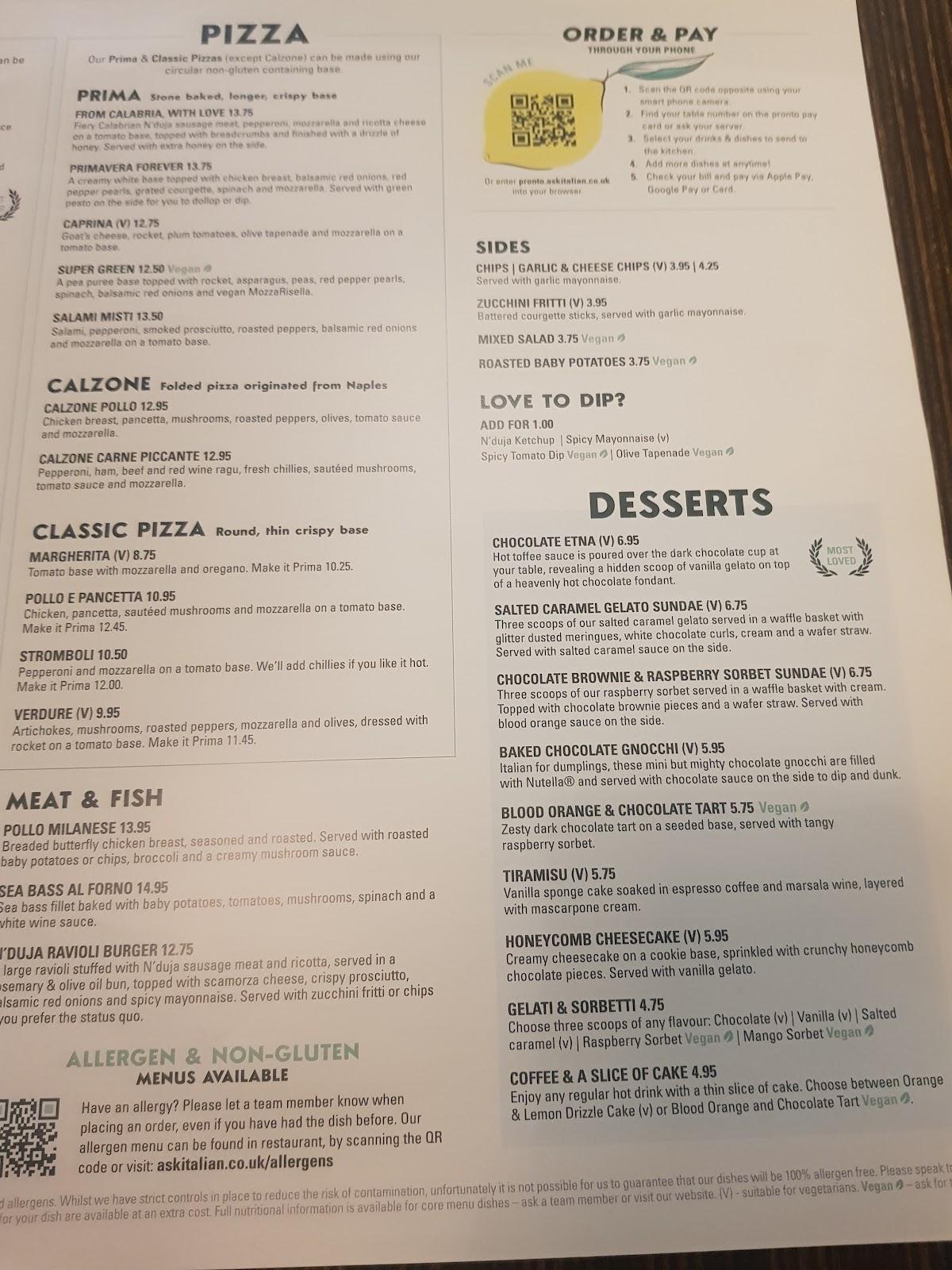 Menu at ASK Italian pizzeria, Winchester