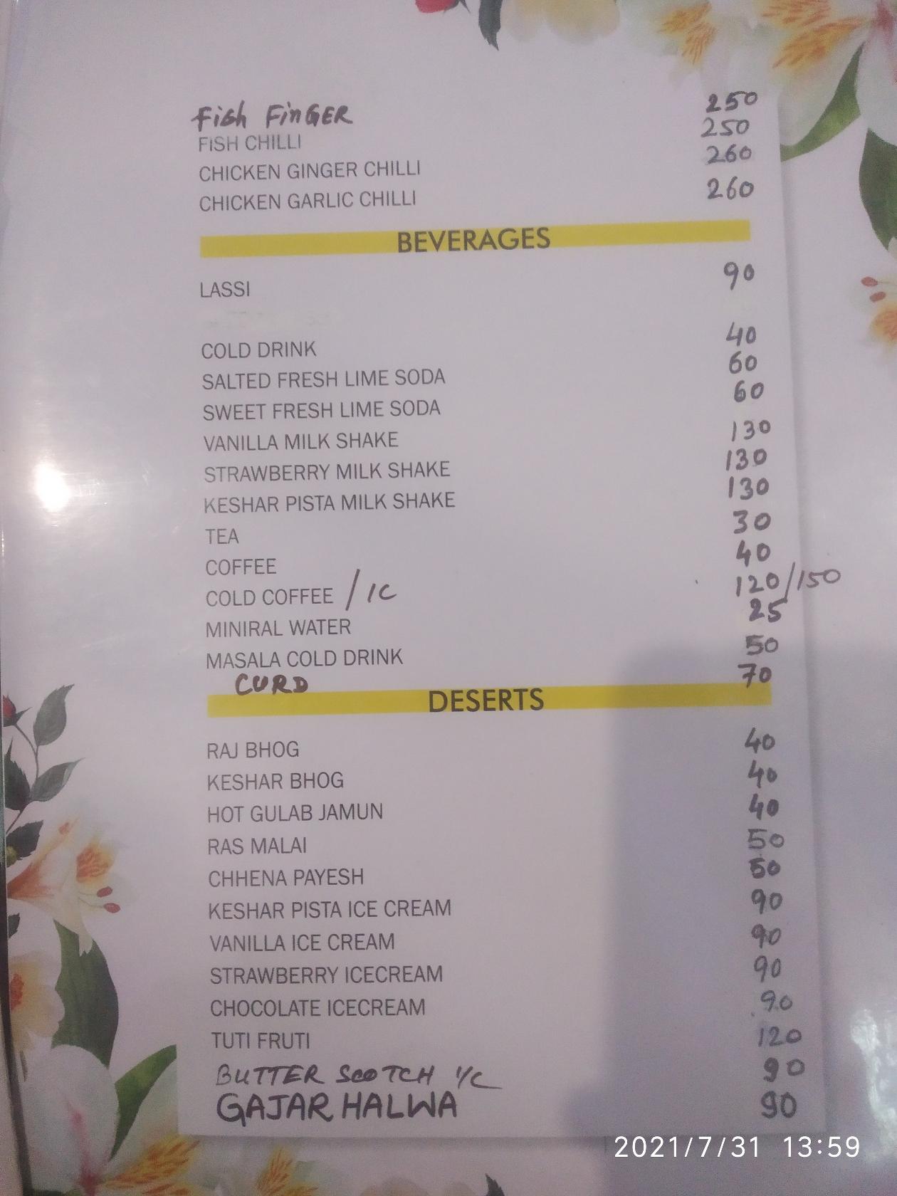 Menu at Moments Resort, Ranchi