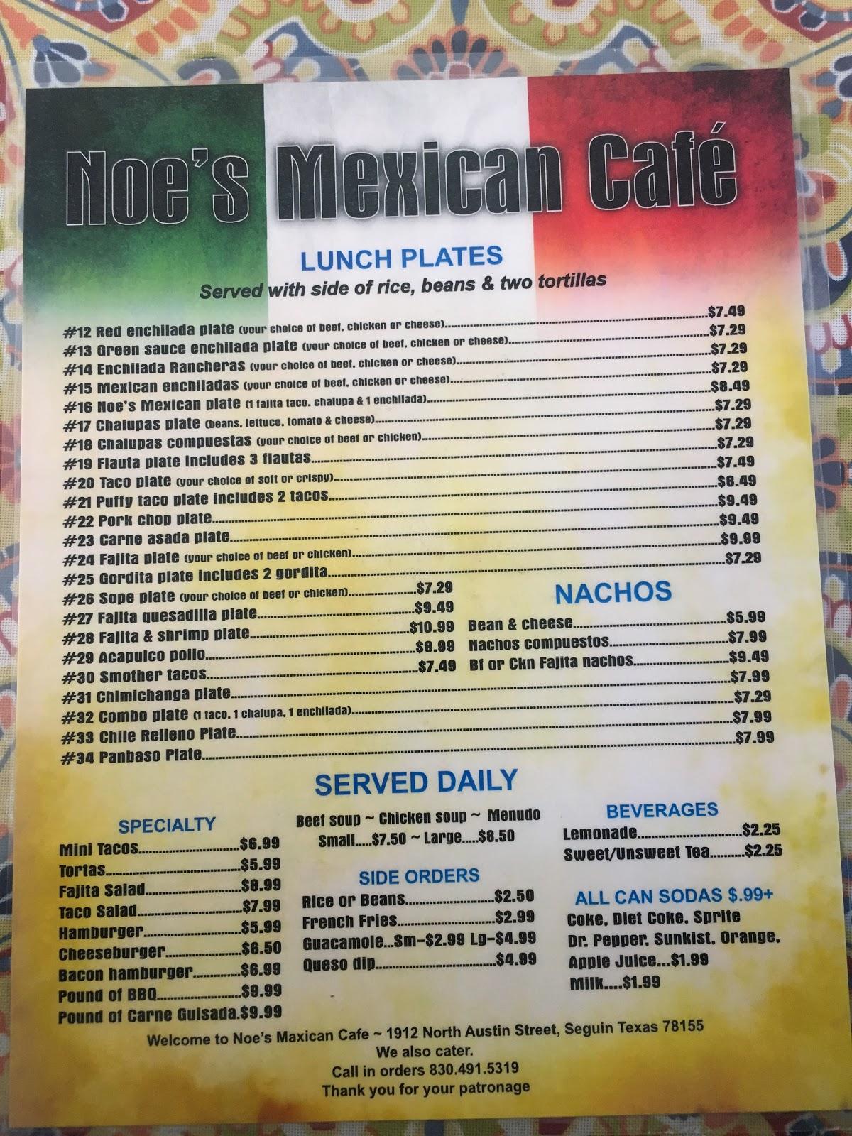 Menu at Noe's Cafe, Seguin