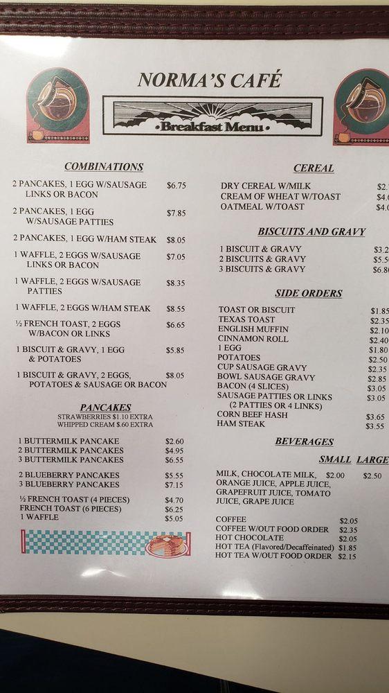 Menu at Norma's Cafe, Lockport