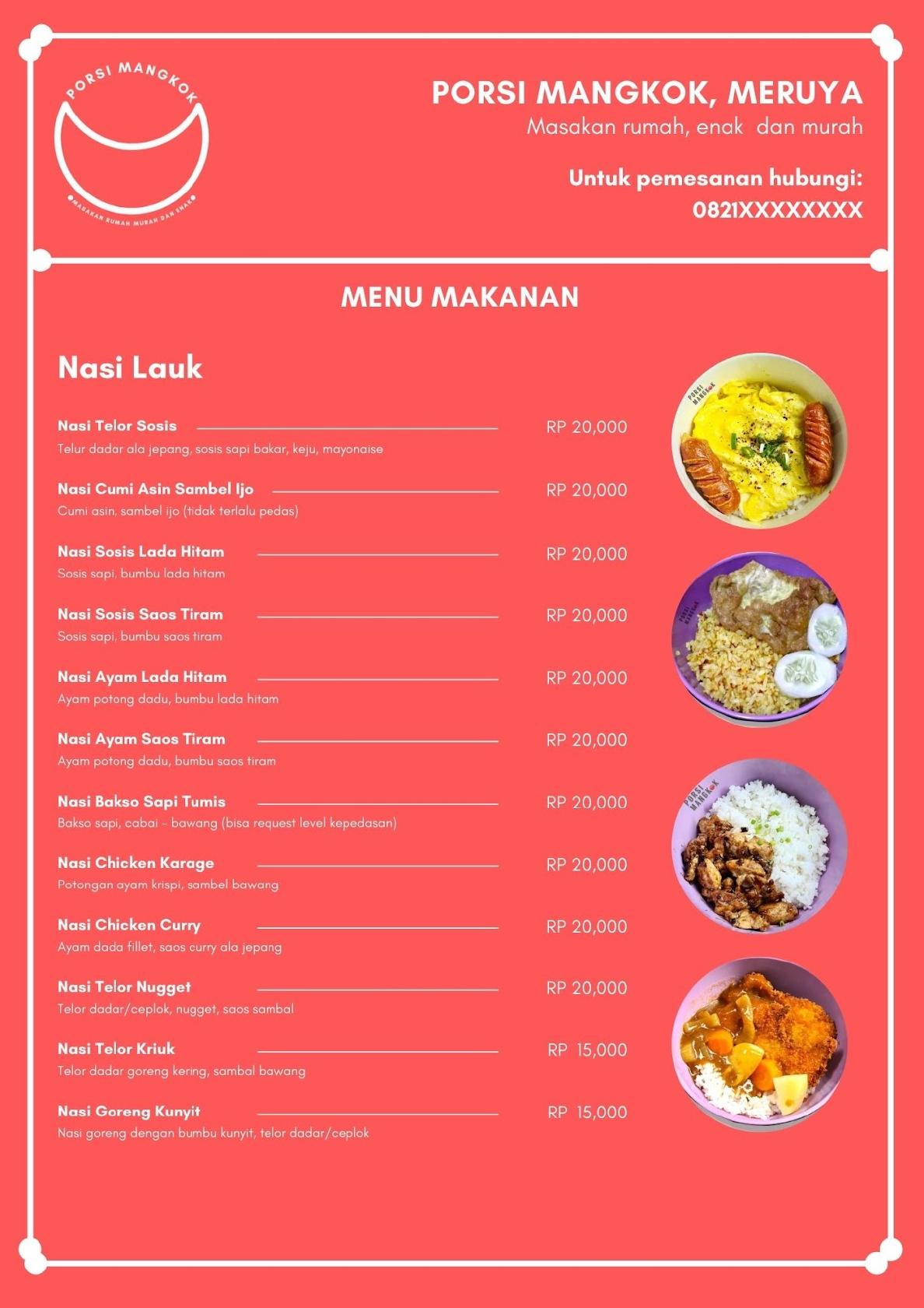 Menu at Porsi Mangkok restaurant, West Jakarta