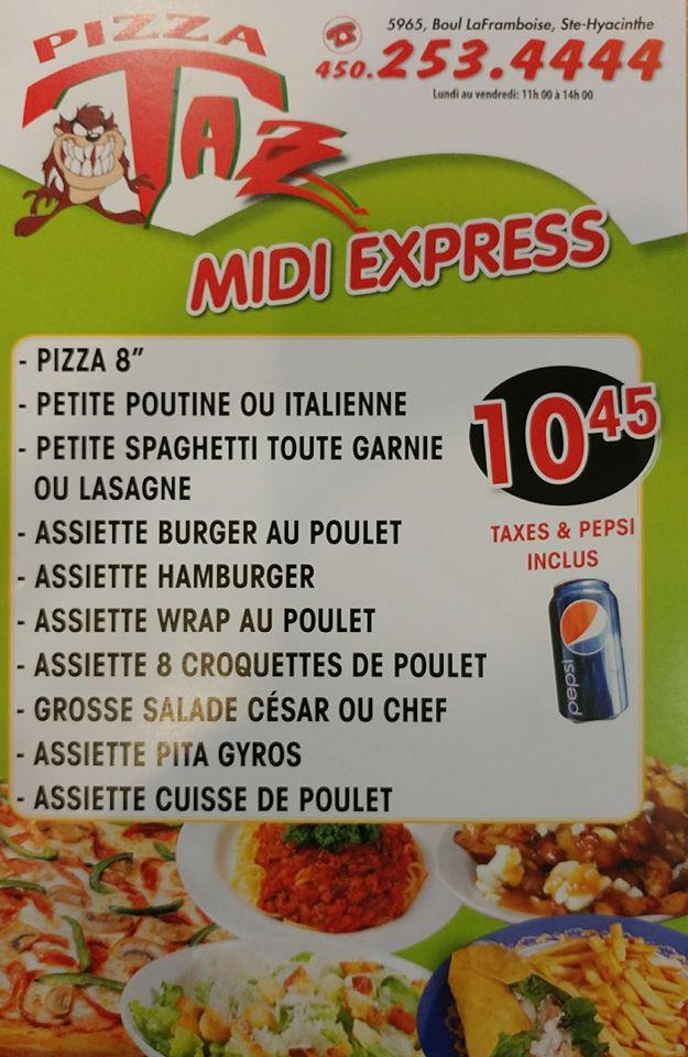 Carta de Restaurant Pizza Taz, Saint-Hyacinthe