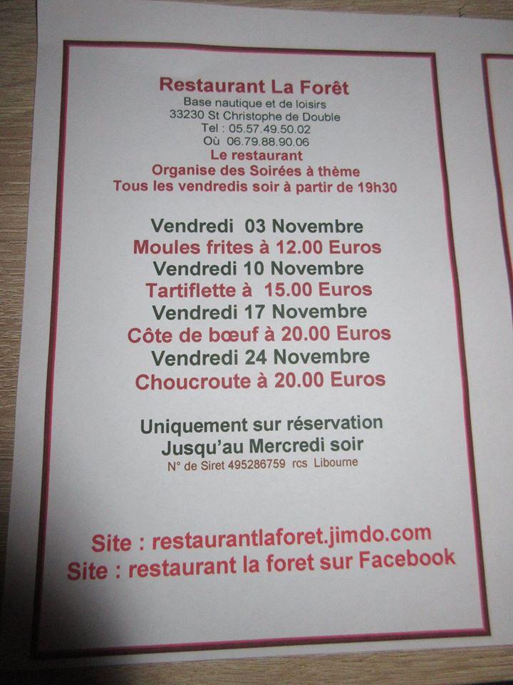 Menu at Restaurant la Forêt, Saint-Christophe-de-Double