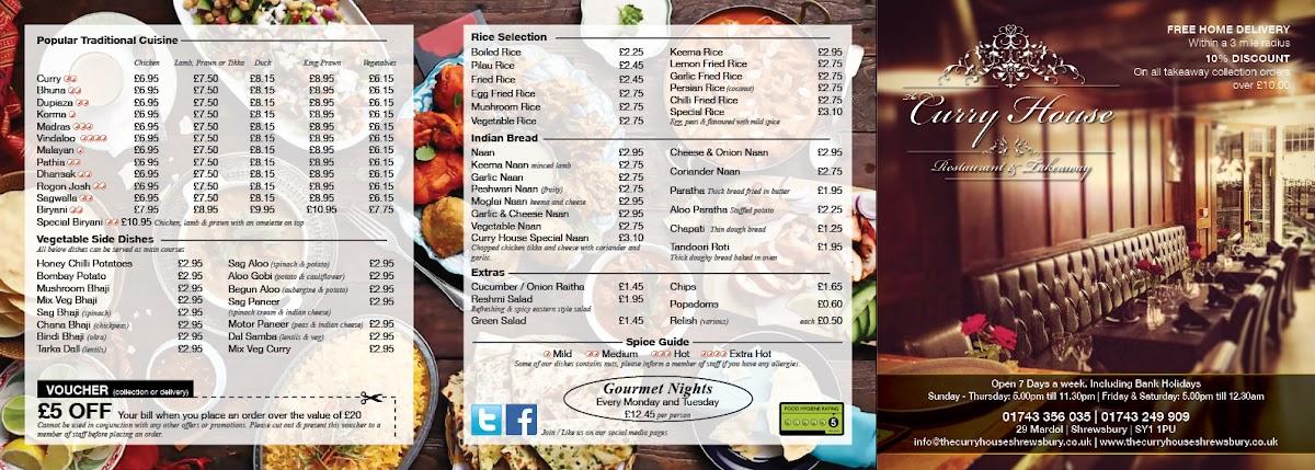 Menu at The Curry House restaurant, Shrewsbury