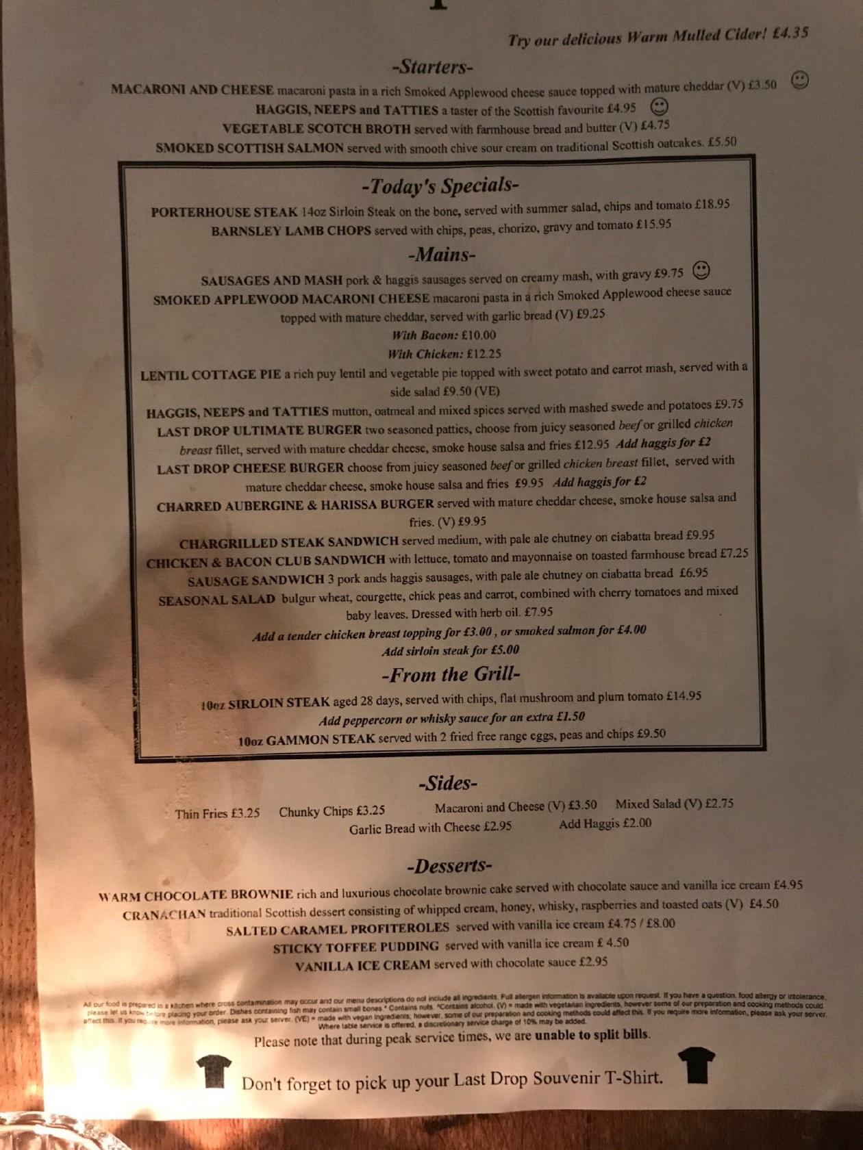 Menu at The Last Drop pub & bar, Edinburgh