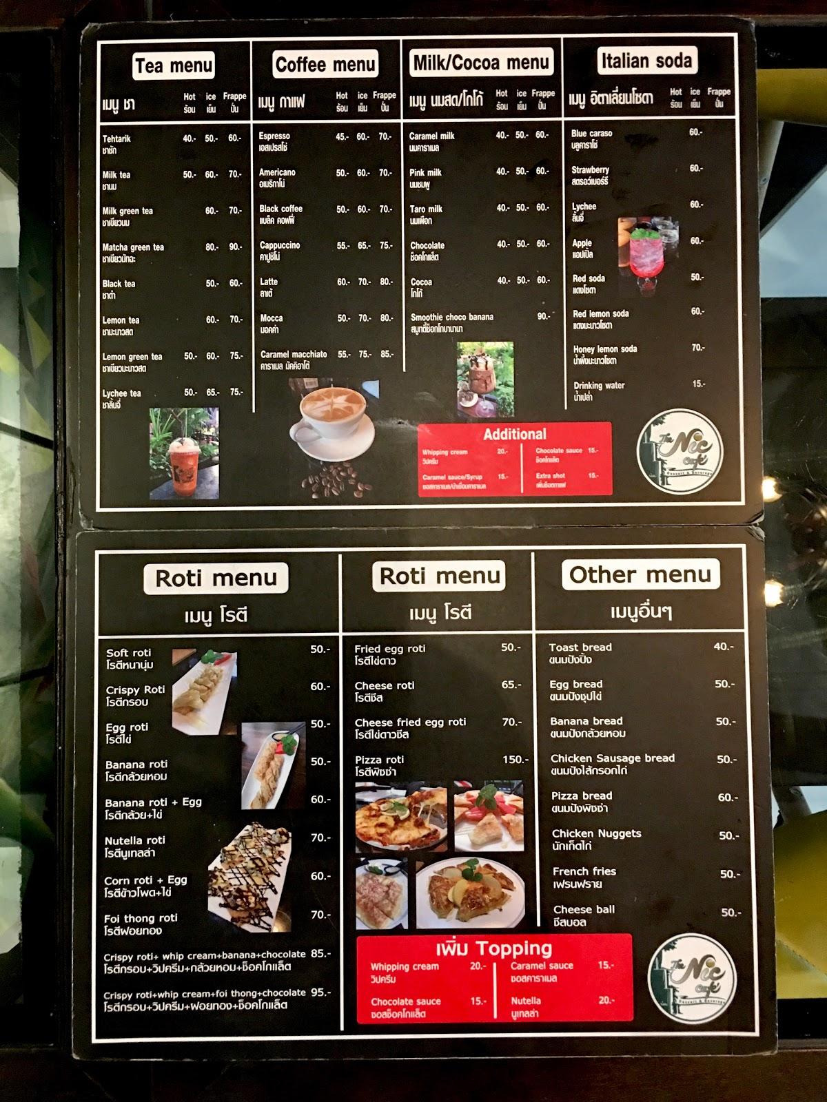 Menu at The nic cafe, Tha Talat