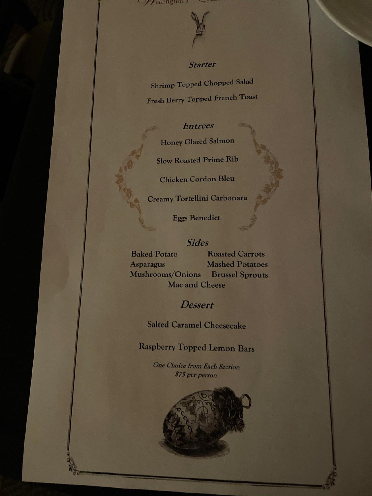 Menu at Wellington's Steakhouse, Rising Sun