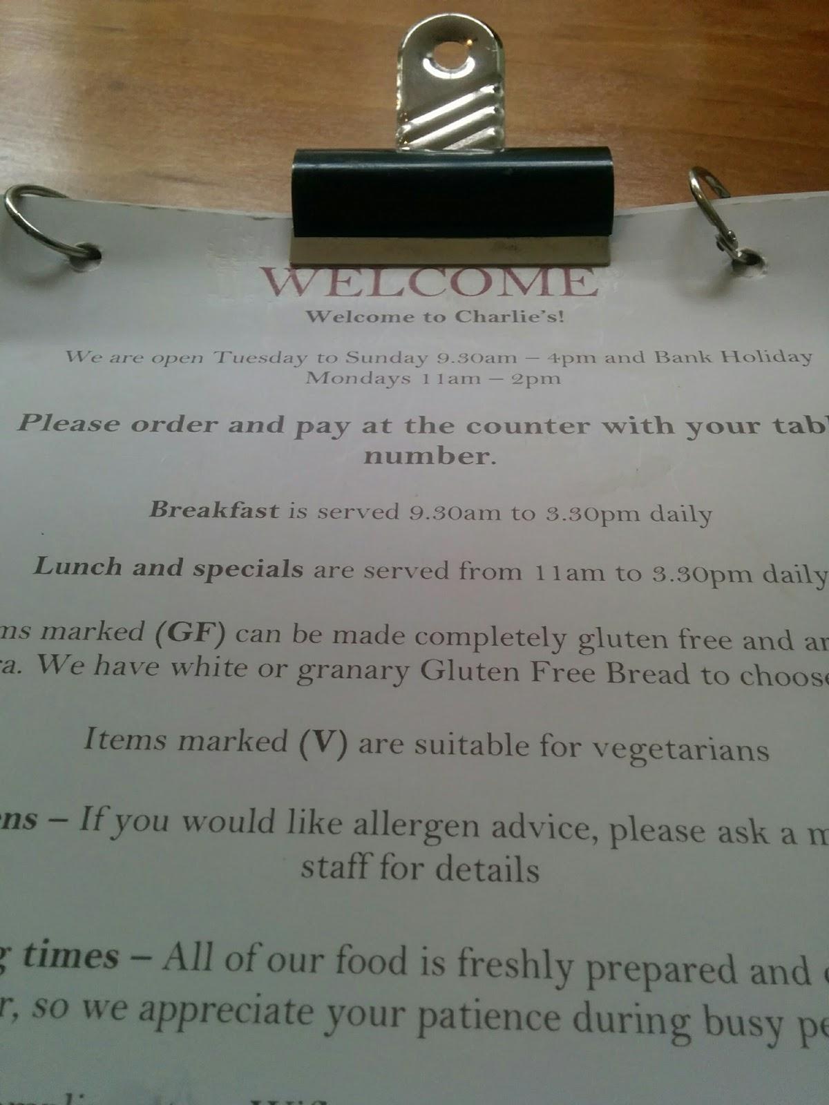 Menu at Charlie's cafe, St Albans, 1A Station Rd