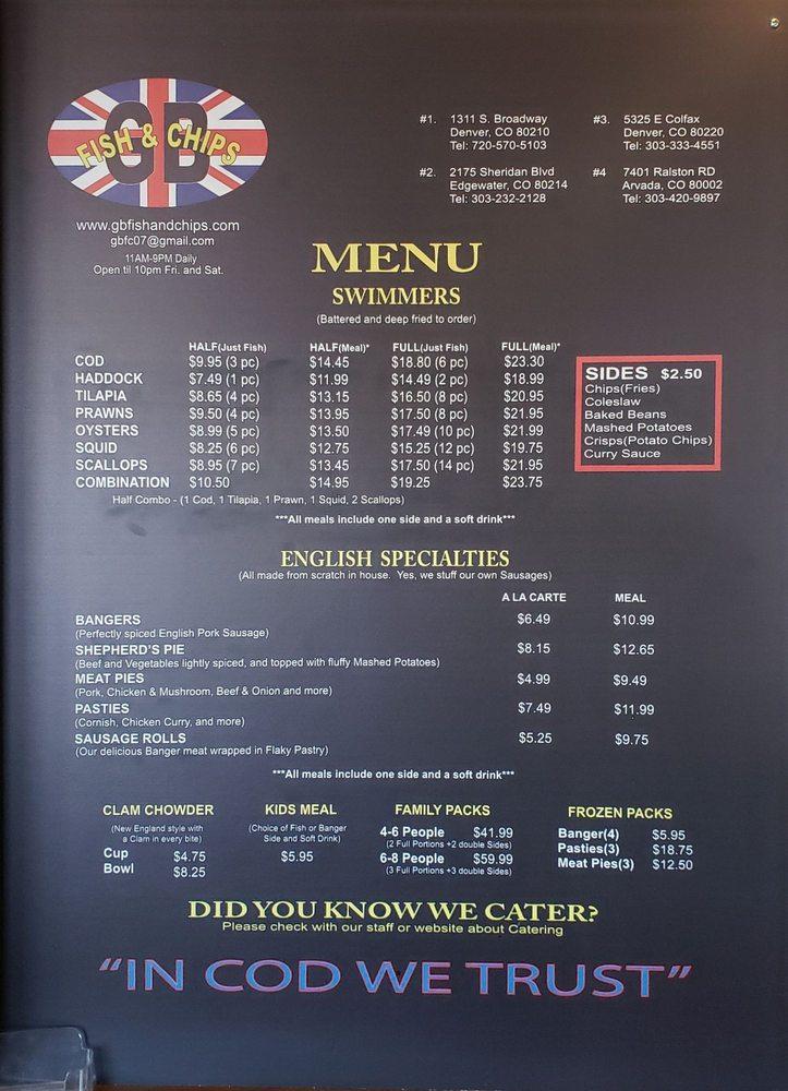 Menu at GB Fish & Chips restaurant, Arvada