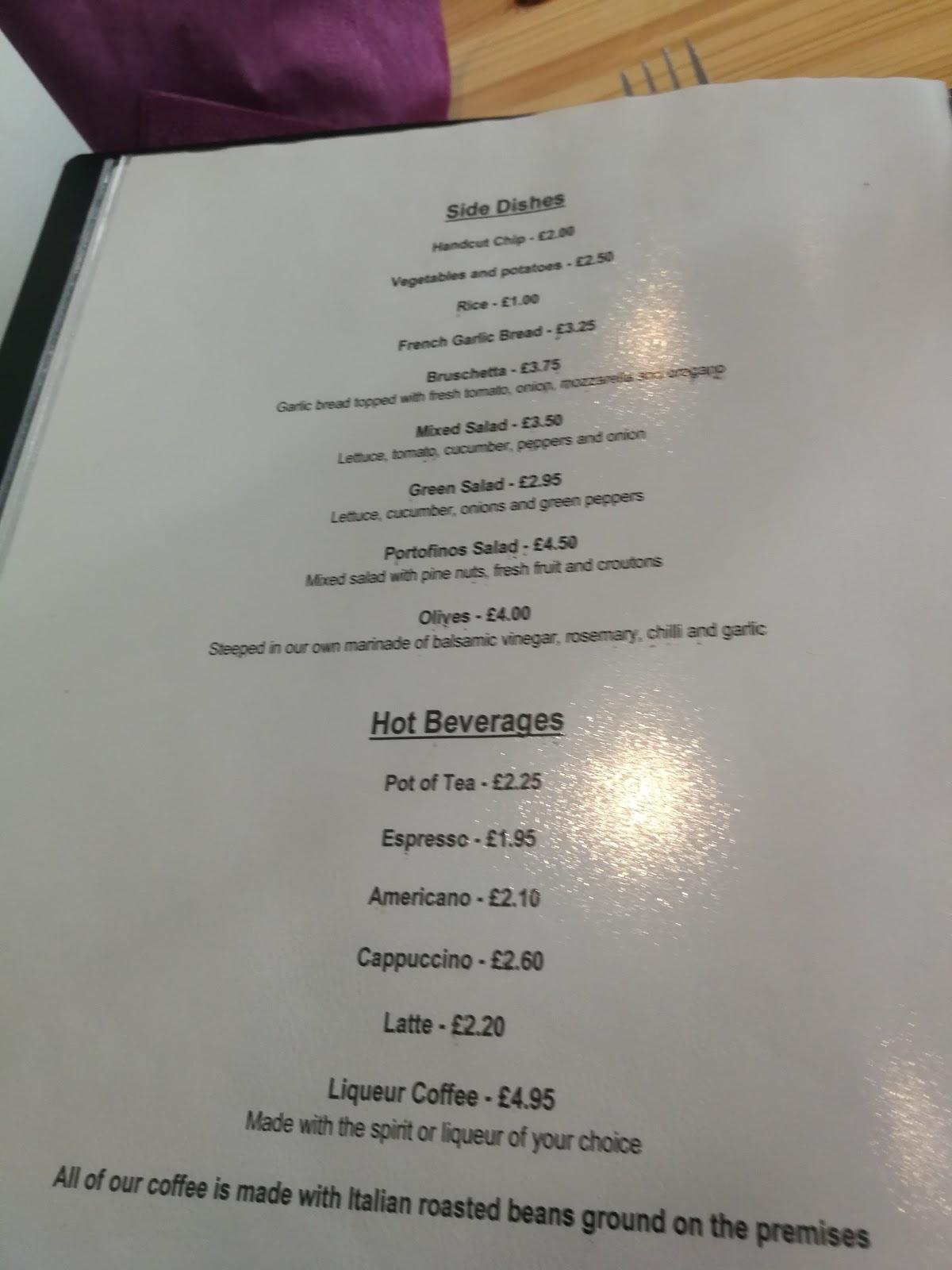 Menu at Portofinos restaurant, Cockermouth
