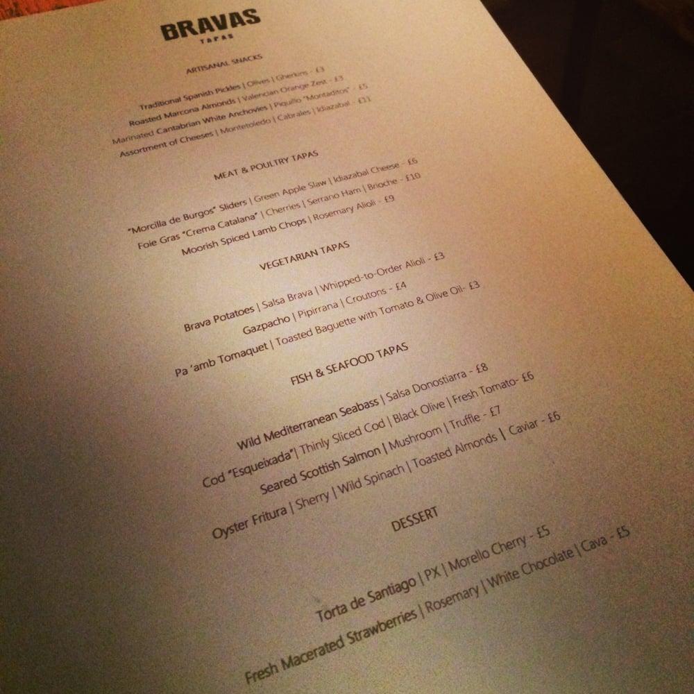 Menu at Bravas Tapas restaurant, London