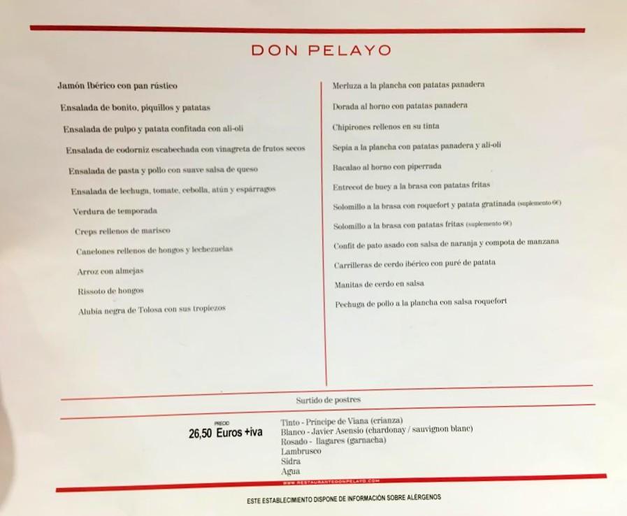 Menu at Don Pelayo restaurant, Pamplona
