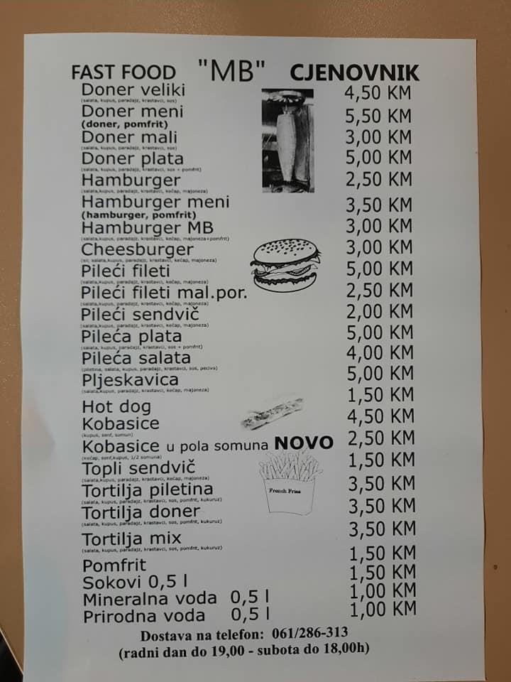 Menu at MB restaurant, Hadžići
