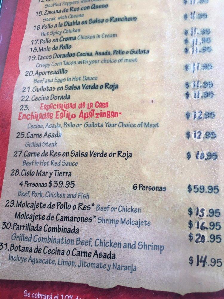 Menu at Mi Lindo Michoacan restaurant, San Jose, Story Rd