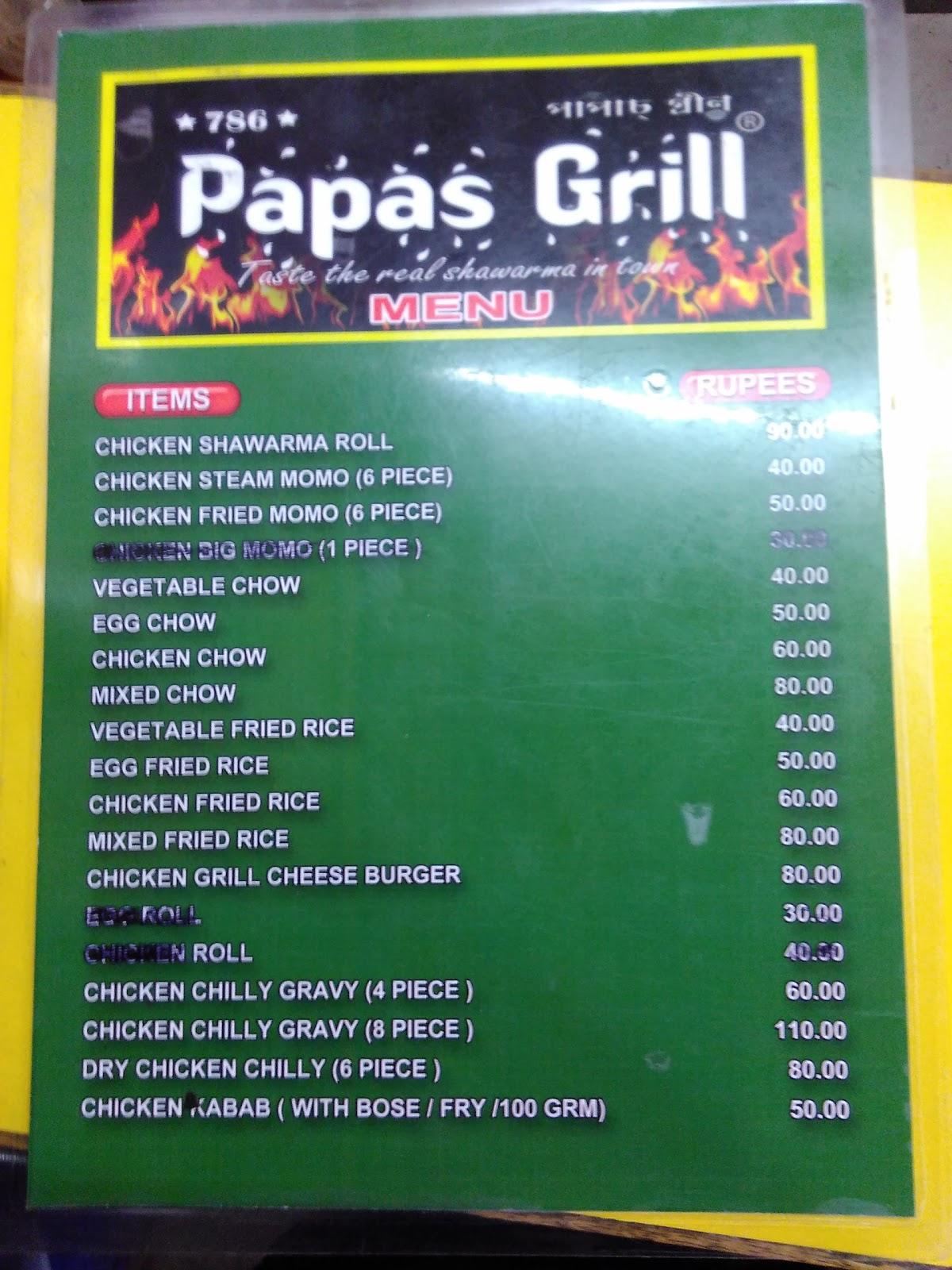 Menu at Papas Grill, Guwahati