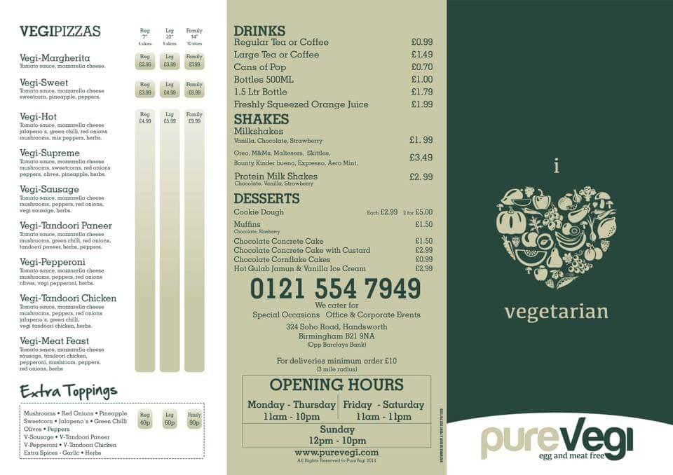 Menu at Pure Vegi restaurant, Birmingham