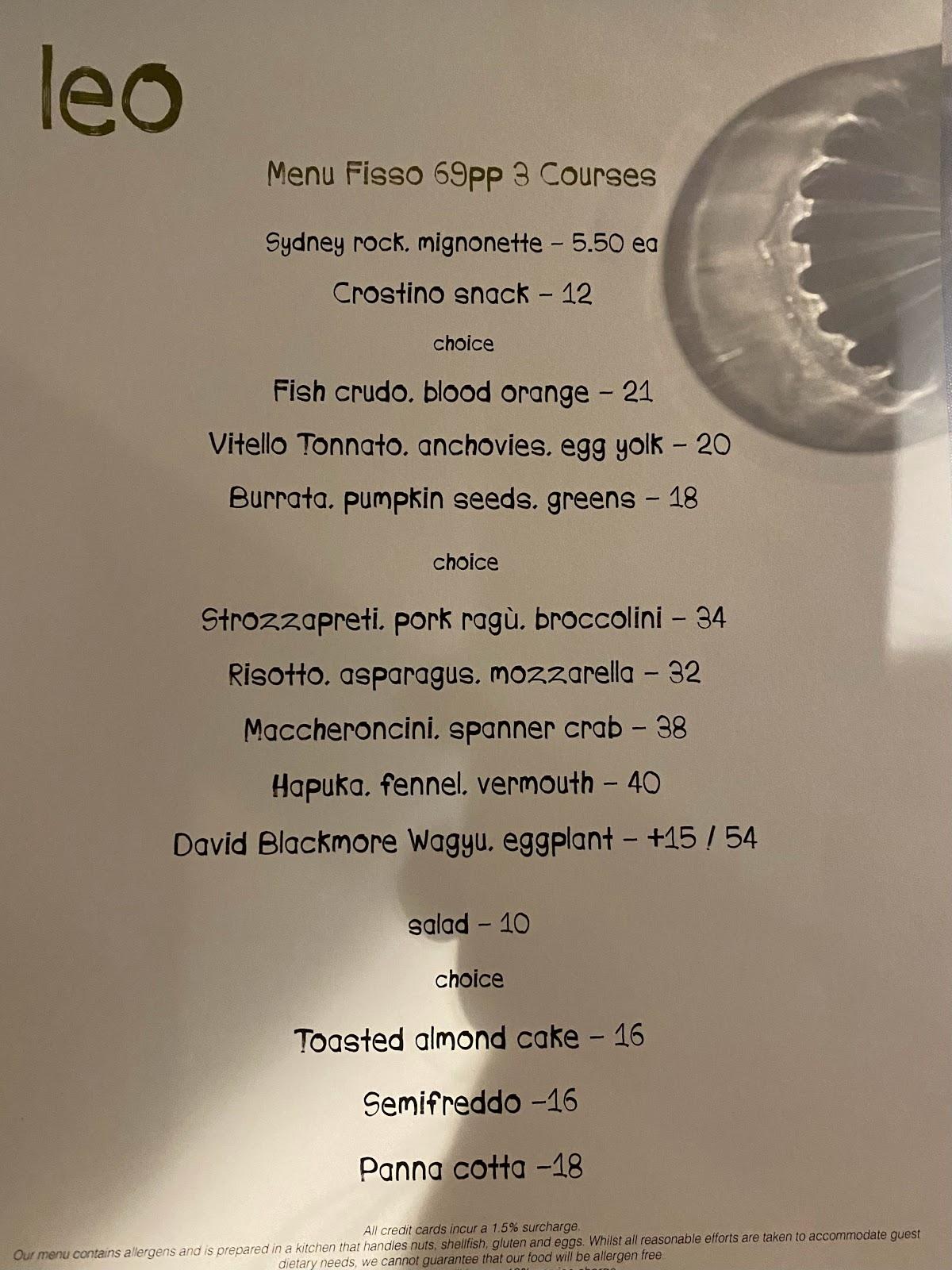 Menu at Restaurant Leo, Sydney