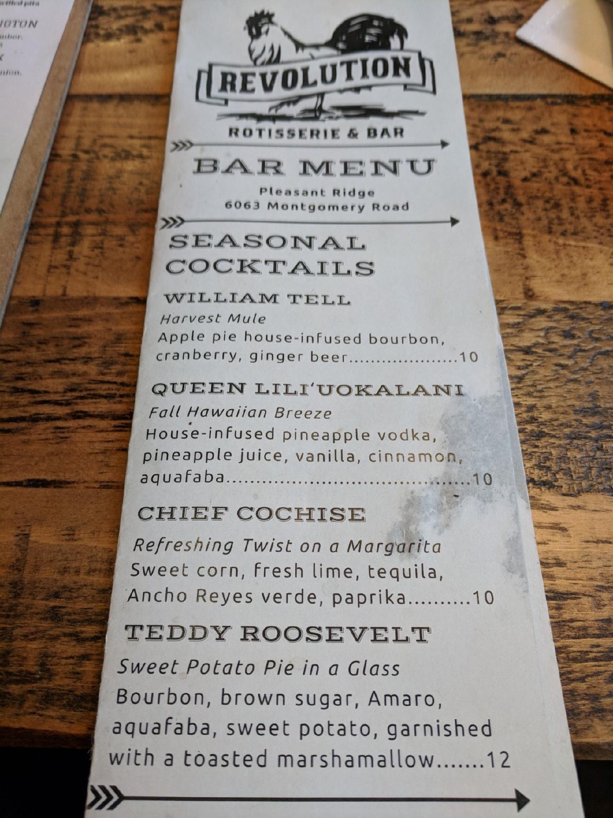 Menu at Revolution Rotisserie pub & bar, Cincinnati, Montgomery Rd