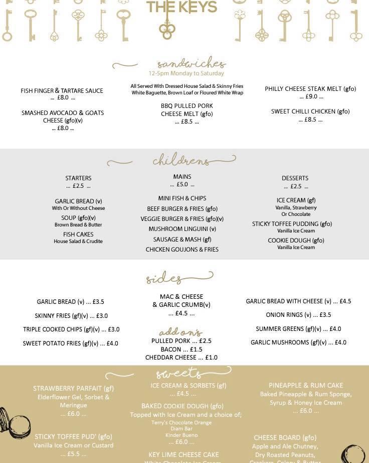 Menu at The Keys restaurant, Barnsley, Sheffield Rd