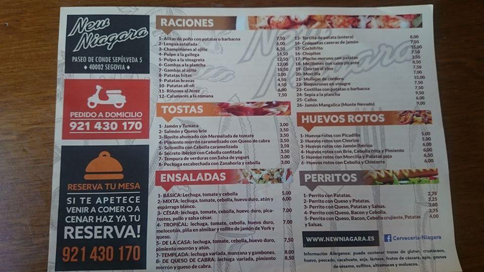 Menu at Niagara pub & bar, Segovia