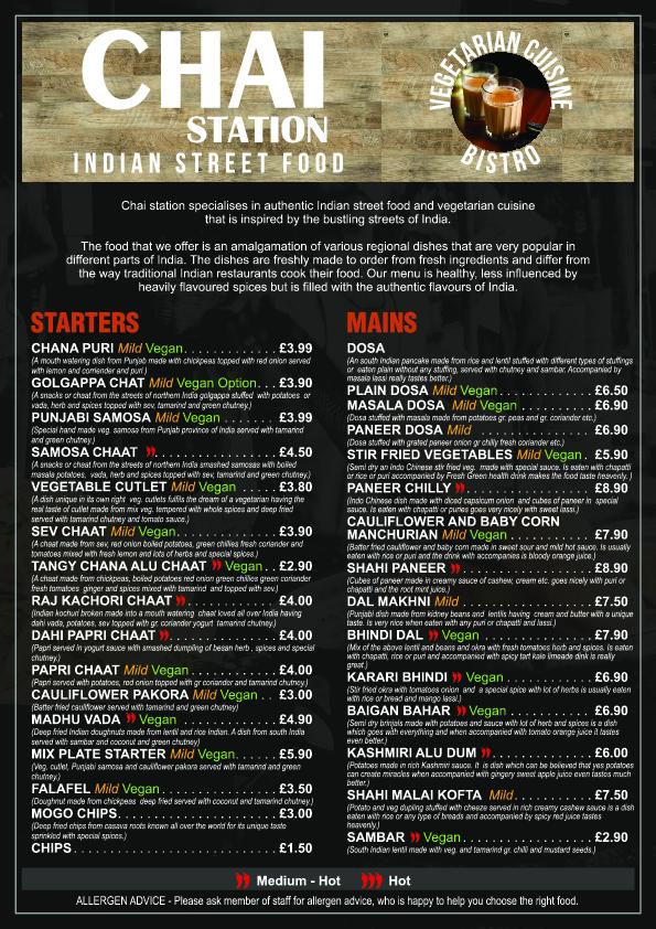Menu at Chai Station - Vegetarian vegan Indian restaurant, Chester