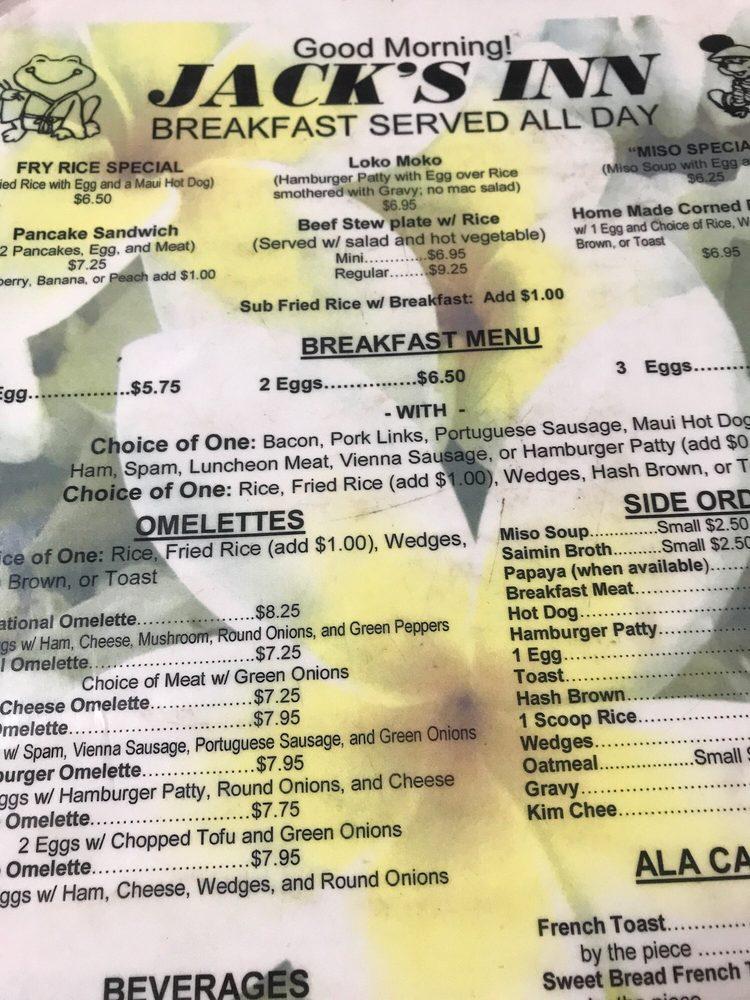 Menu at Jack's Inn restaurant, Kahului