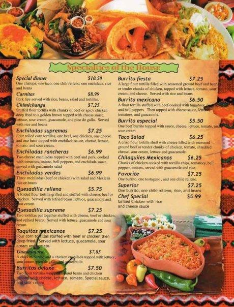 Menu at Mi Pueblito restaurant, Versailles