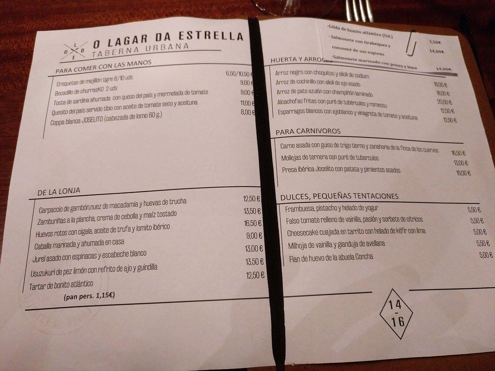 Carta del pub y bar O Lagar da Estrella, La Coruña