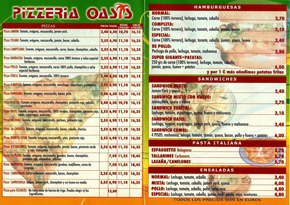 Menu at Pizzeria Oasis, Madrid