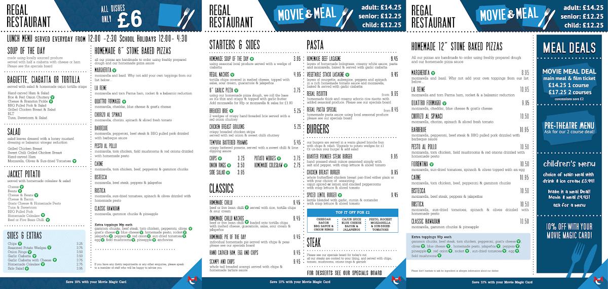 Menu at Regal Cinema, Theatre, Bar & Restaurant, Redruth